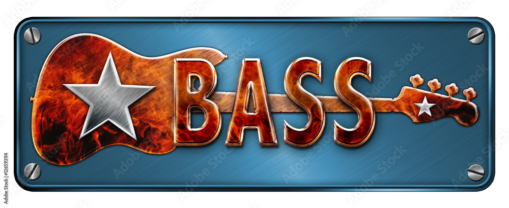 Medium Blue Fire style 3D Chrome/metallic 'BASS' text on a banne Stock ...