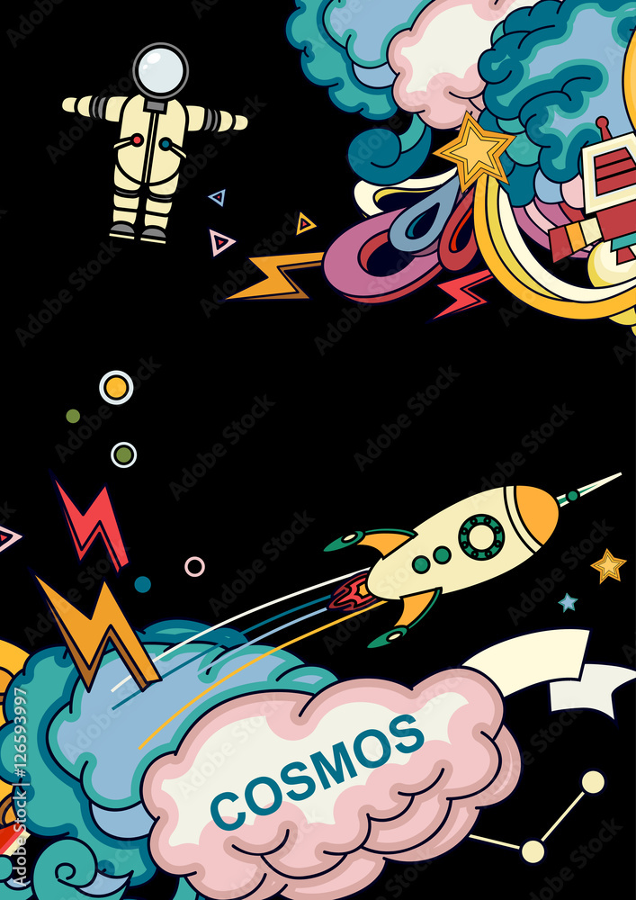 Cartoon vector illustration of space. Moon, planet, rocket, earth ...