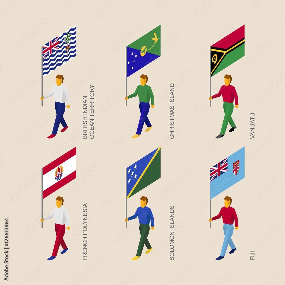 Set of isometric 3d people with flags of countries in Oceania. Standard ...