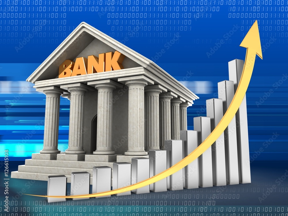 3d illustration of bank over blue digital background with metal bars ...