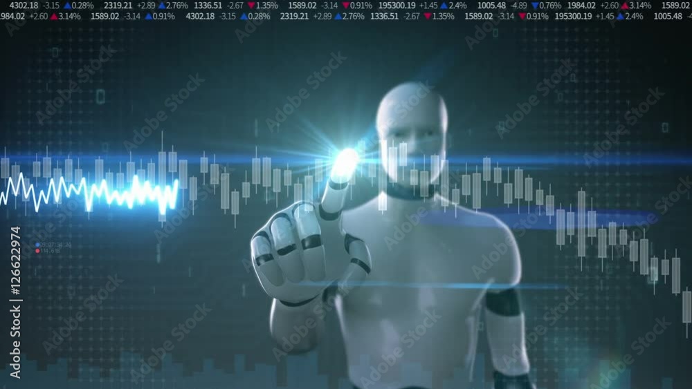 Robot cyborg touched screen, various animated Stock Market charts and ...