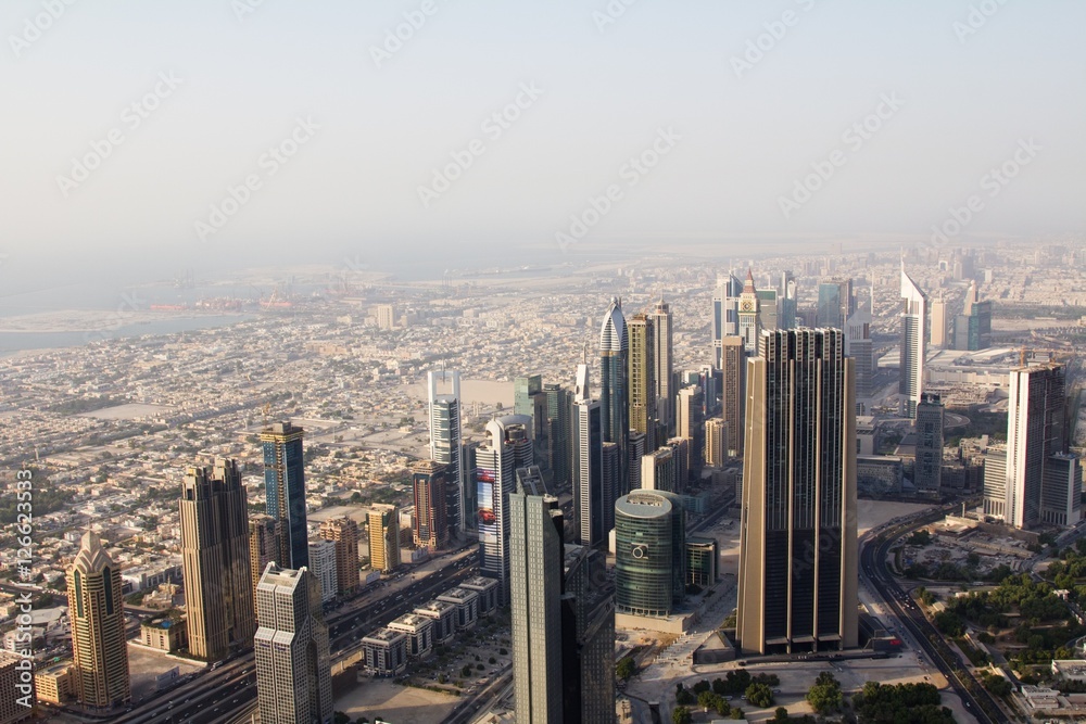 Aerial view of downtown Dubai showing commercial buildings. Shot from ...