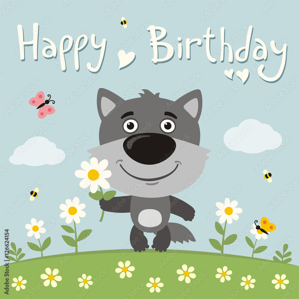 Happy birthday! Cute wolf with flower on meadow. Birthday card. Stock ...
