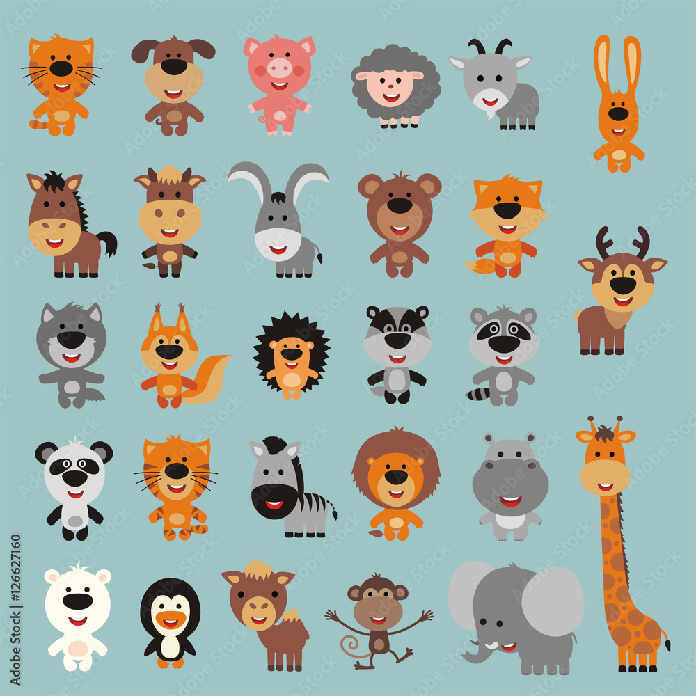 Big set isolated animals. Vector collection funny animals in cartoon ...