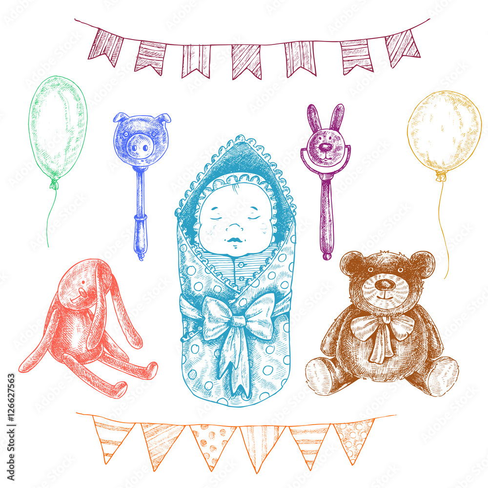 Baby newborn toys in hand drawn style. Isolated vector illustration ...