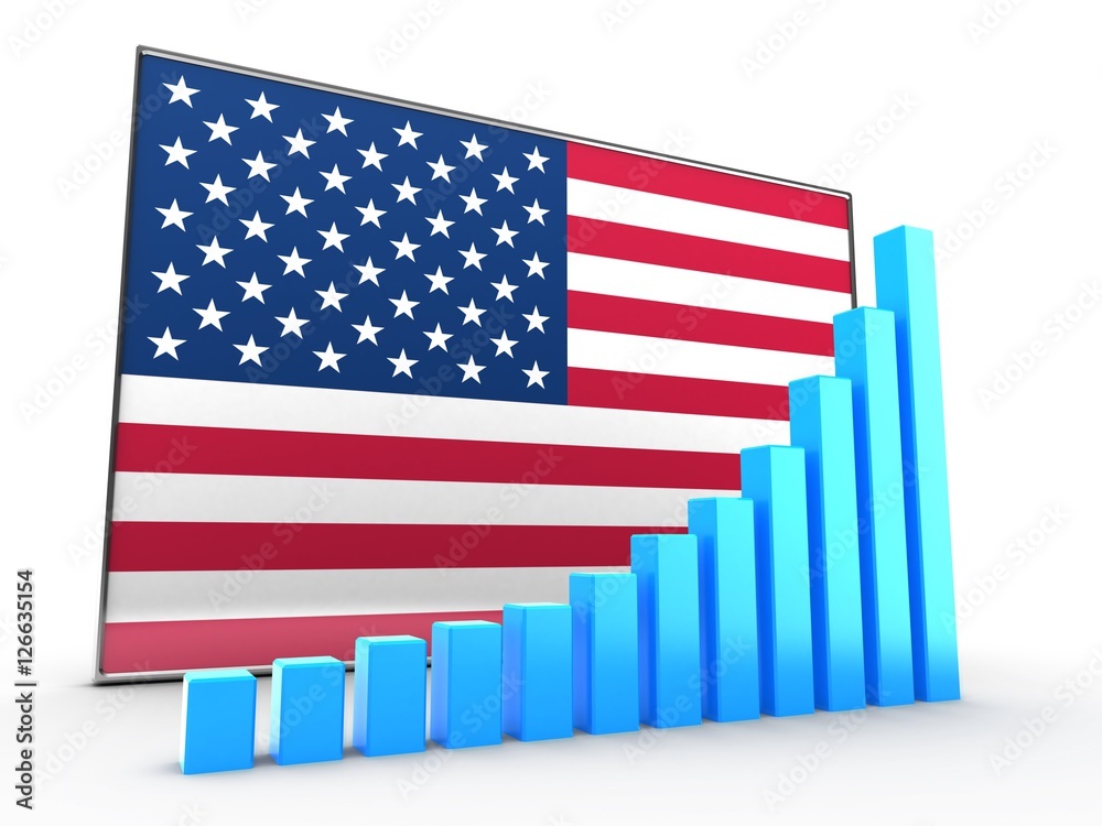 3d illustration of blank over USA flag background with blue graph Stock ...