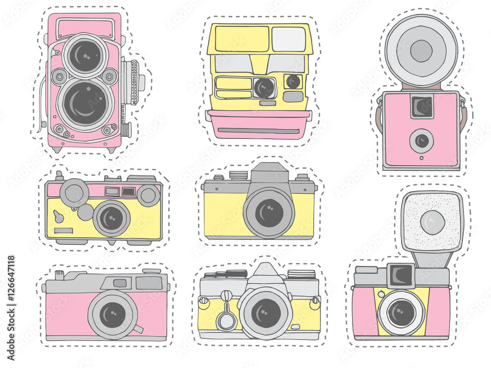 Colorful retro camera set. Hand drawn vintage photocameras set with ...