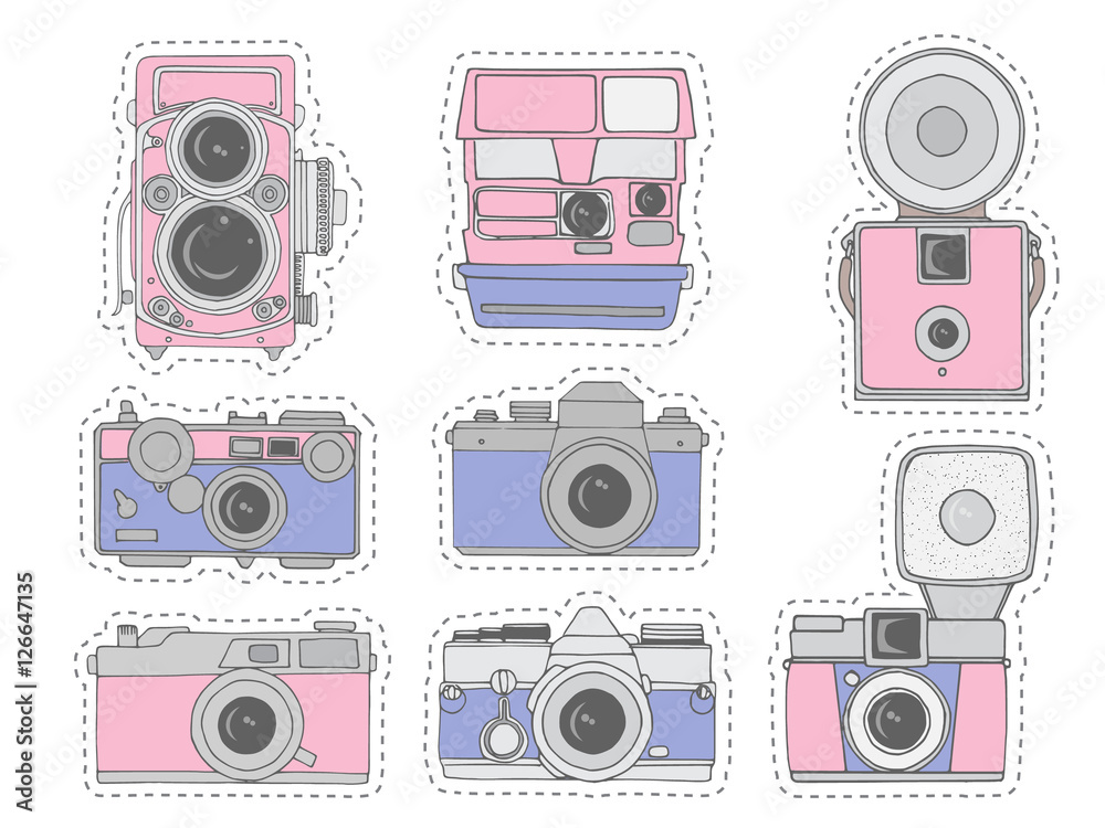 Colorful retro camera set. Hand drawn vintage photocameras set with ...
