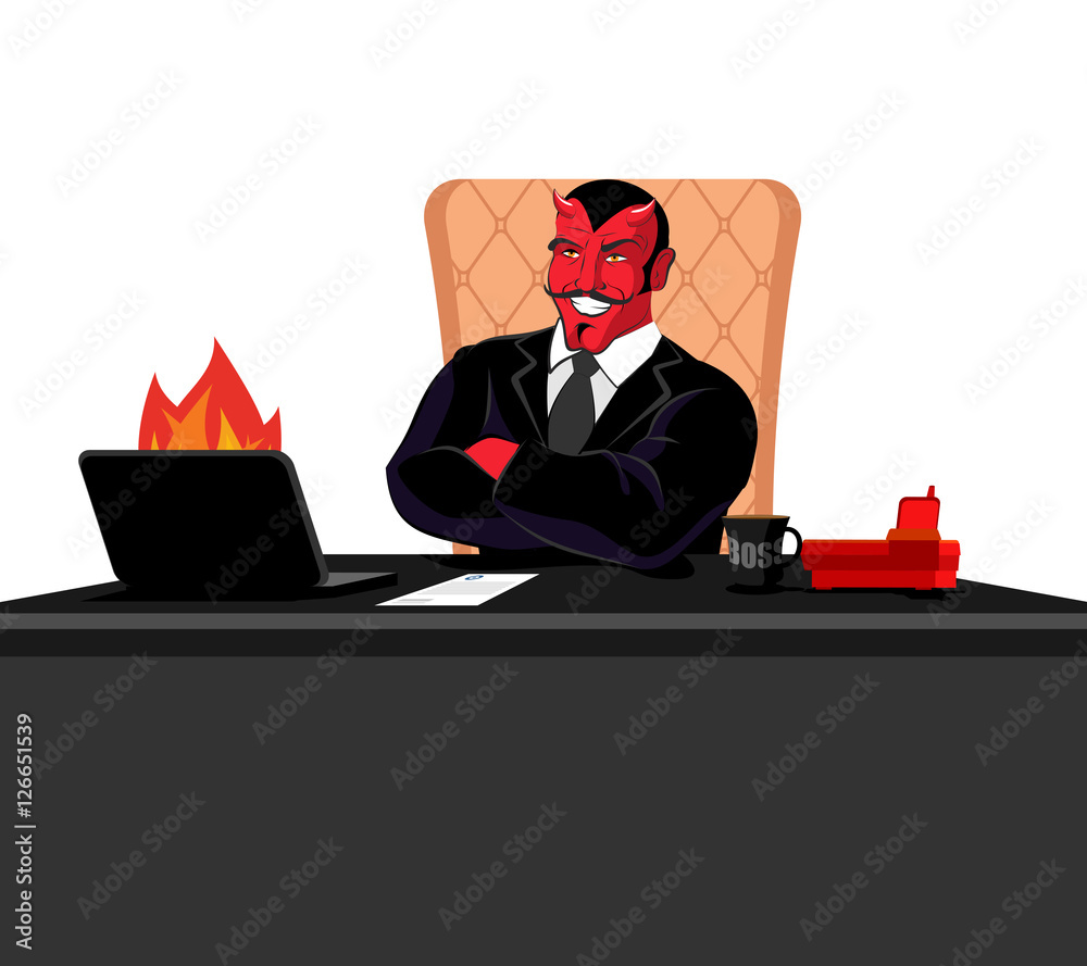 Satan boss sitting in office. Devil of workplace. Red demon at w Stock ...