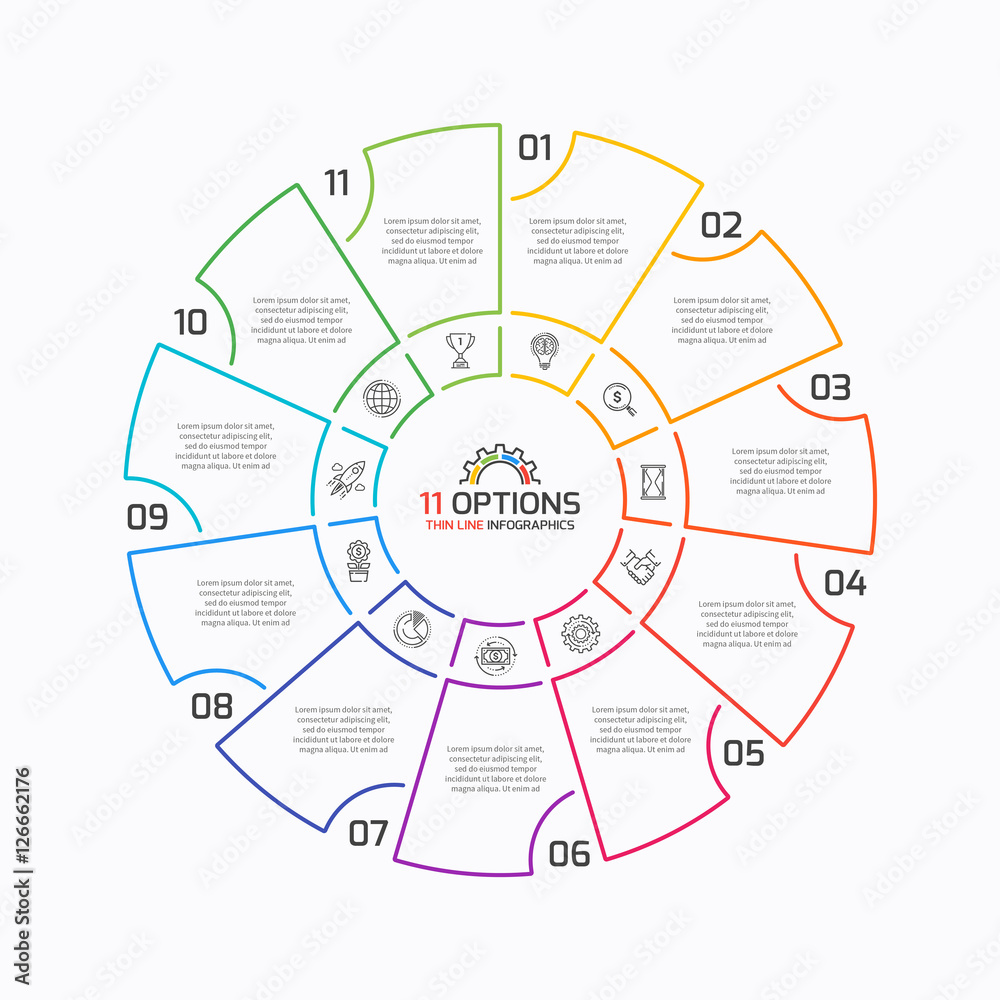 Thin line pie chart infographic template with 11 options. Stock Vector ...