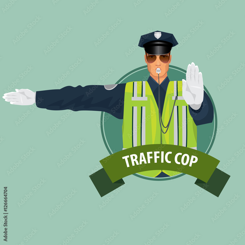 Isolate round icon on green background with traffic cop, officer of ...