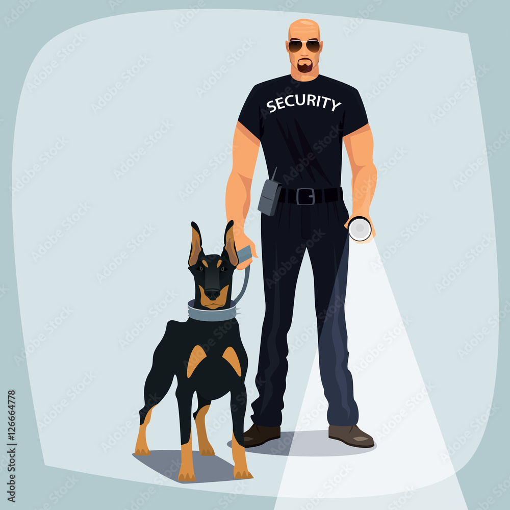 Security officer, bald man of strong physique in black uniform of ...