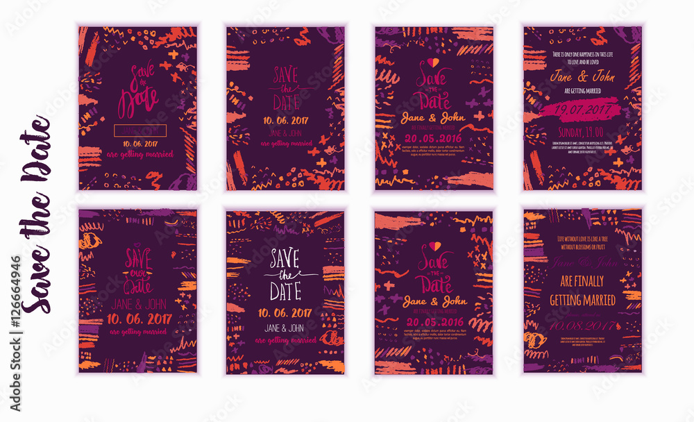 Big set of Save tha Date invitation cards with Ink texture, hand drawn ...