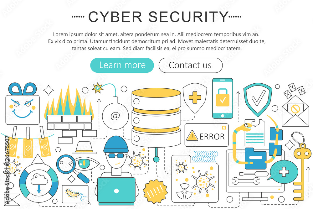 Vector elegant thin flat line Cyber security concept. Website header ...