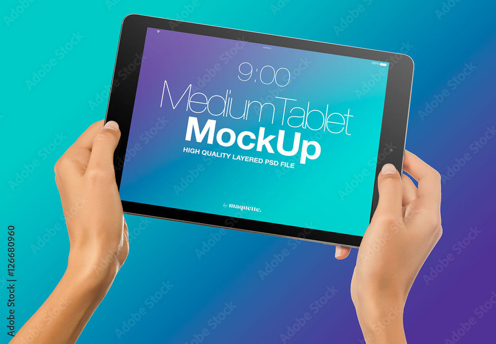 Hands with Tablet on Gradient Background Mockup 14 Stock Template ...