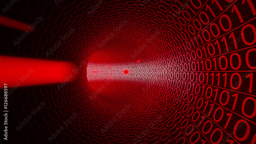 POV flight through abstract red tunnel made with zeros and ones. Hi ...