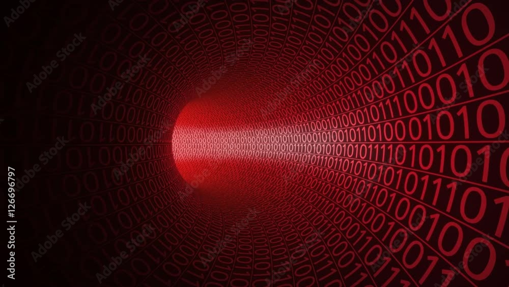 Flight through abstract red tunnel made with zeros and ones. Modern motion background. Computers ...