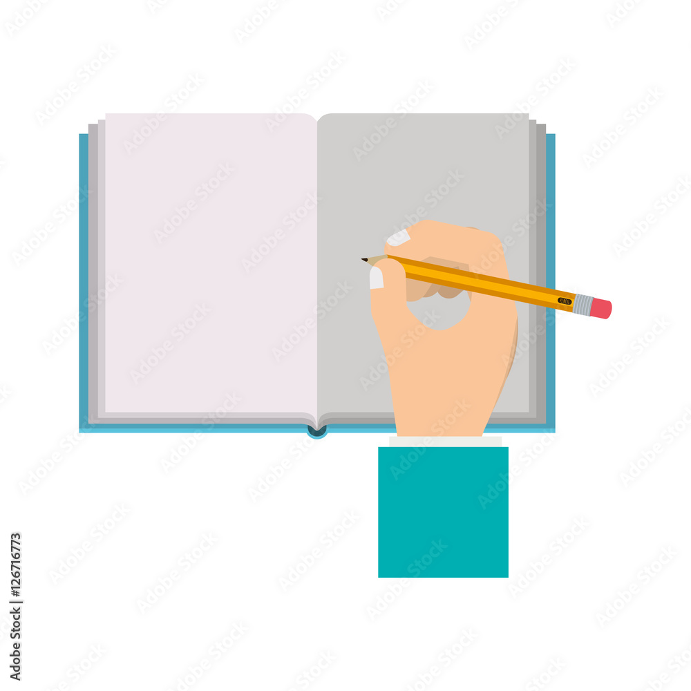 human hand writing on a open book over white background. colorful ...