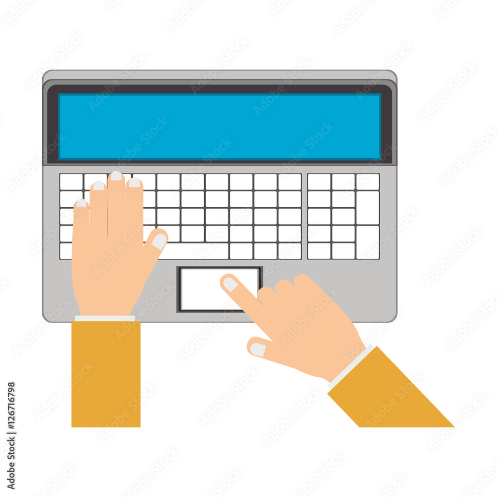 human hands touching a laptop computer icon over white background ...