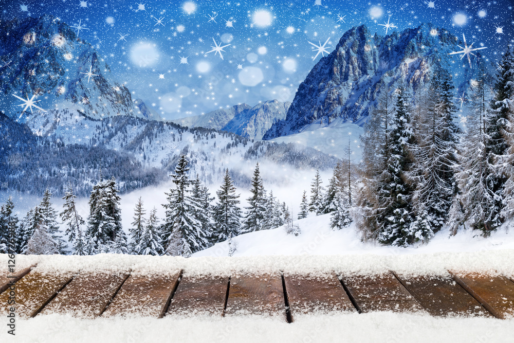 xams christmas background with wooden snowy planks in front of blue ...