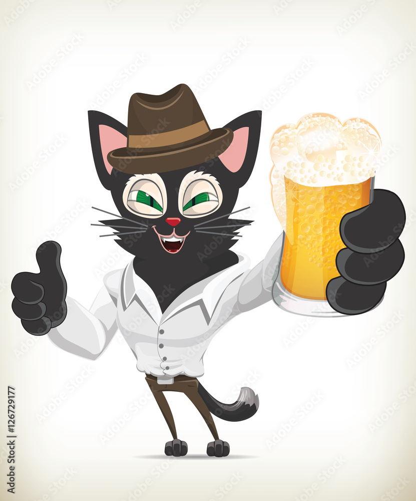 Cartoon Character Cat Holding Glass of Beer Stock Vector | Adobe Stock