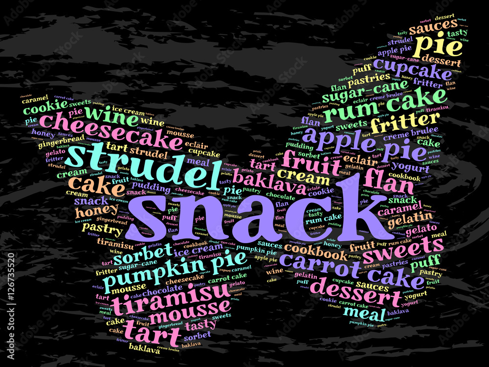 Snack. Word cloud, butterfly, grunge background. Food concept. Stock ...