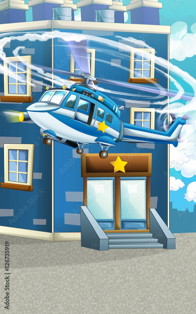 Cartoon happy and funny police car and helicopter - illustration for ...