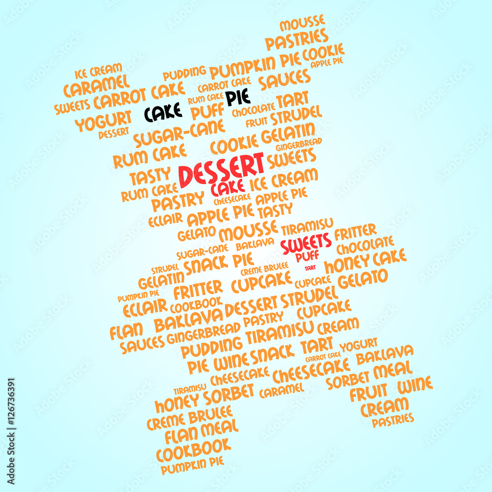 Dessert. Word cloud, teddy bear, gradient blue background. Give the ...
