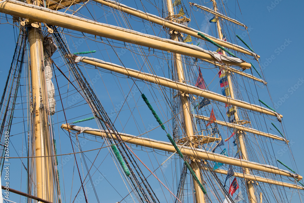 Vintage sailing ship mast ropes and tackle, Tall ship rigging mast ...