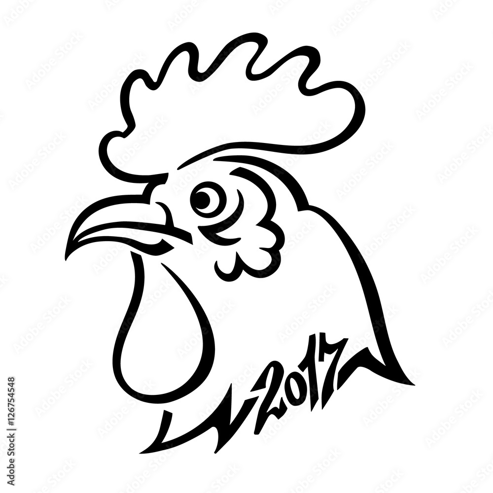 Year 2017 symbol Chinese Rooster Head. Hand drawing. Black lines on ...