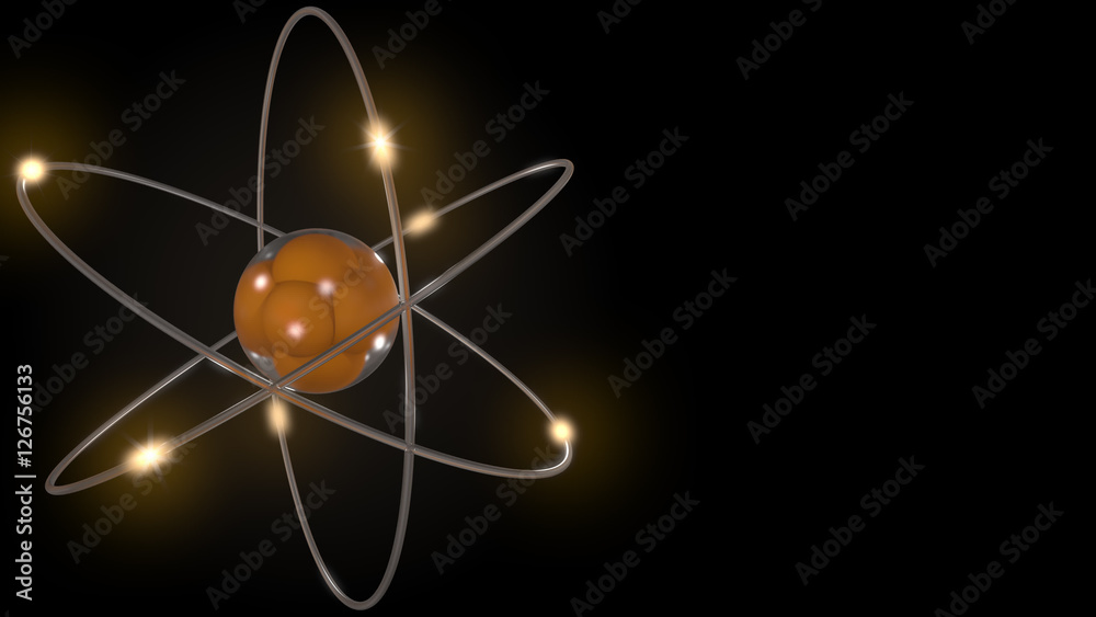 Orange stylized atom and electron orbits. Scientific backdrop with free ...