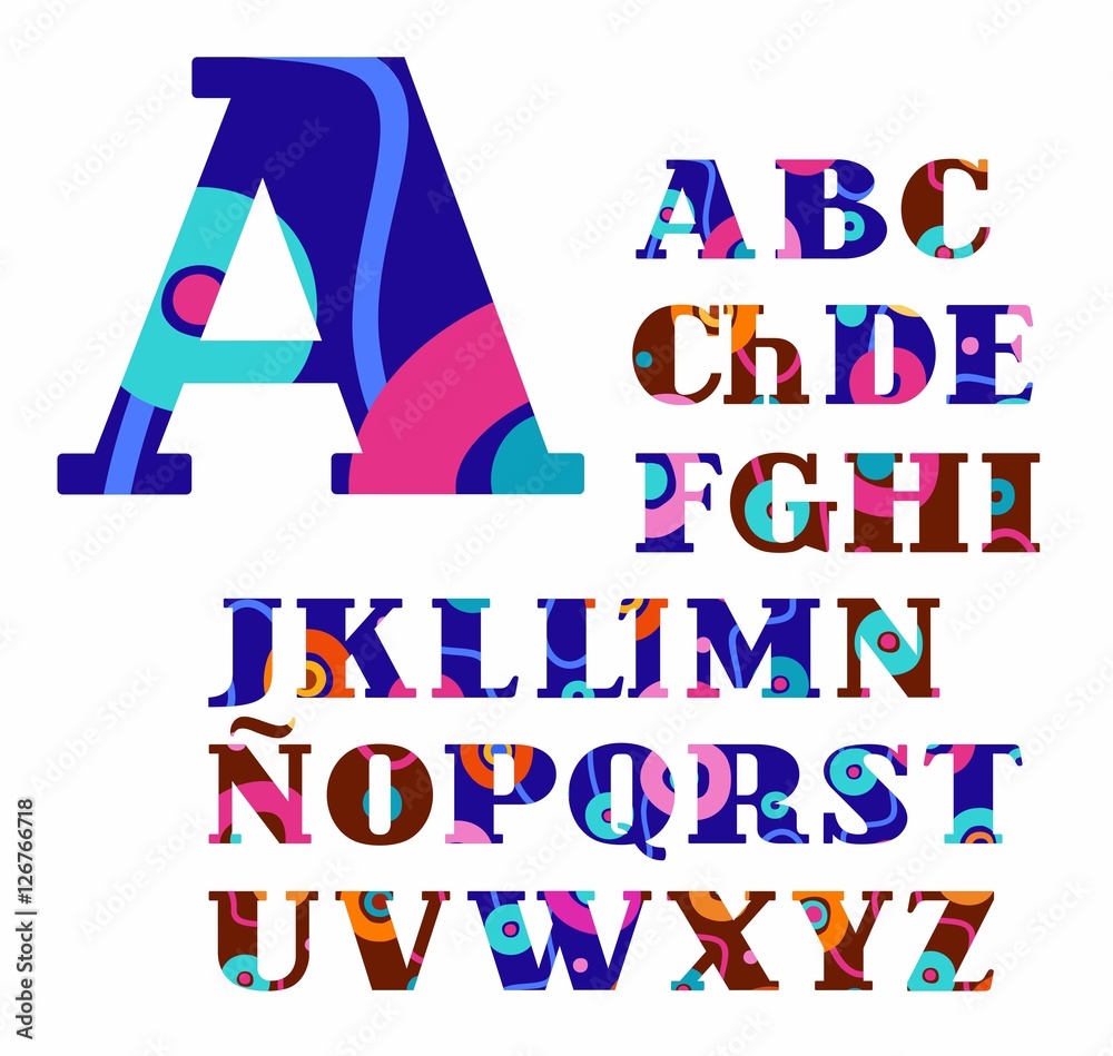 Vetor de Spanish alphabet, abstract, circles, colorful, vector font ...