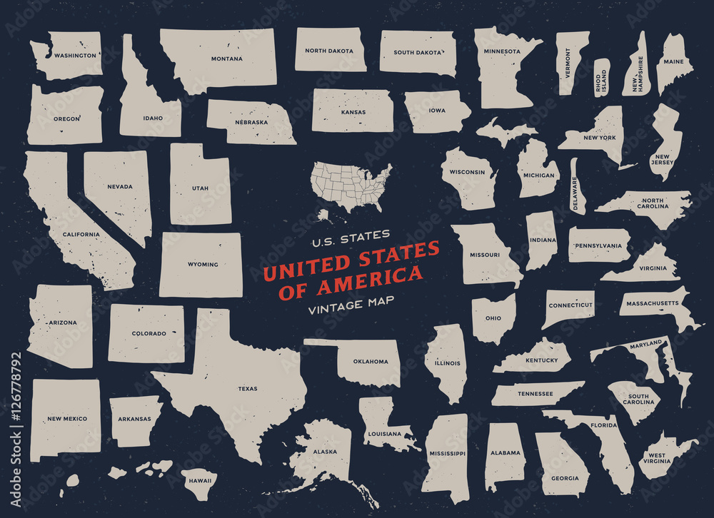 Vintage map of United States of America 50 states vector map with name ...