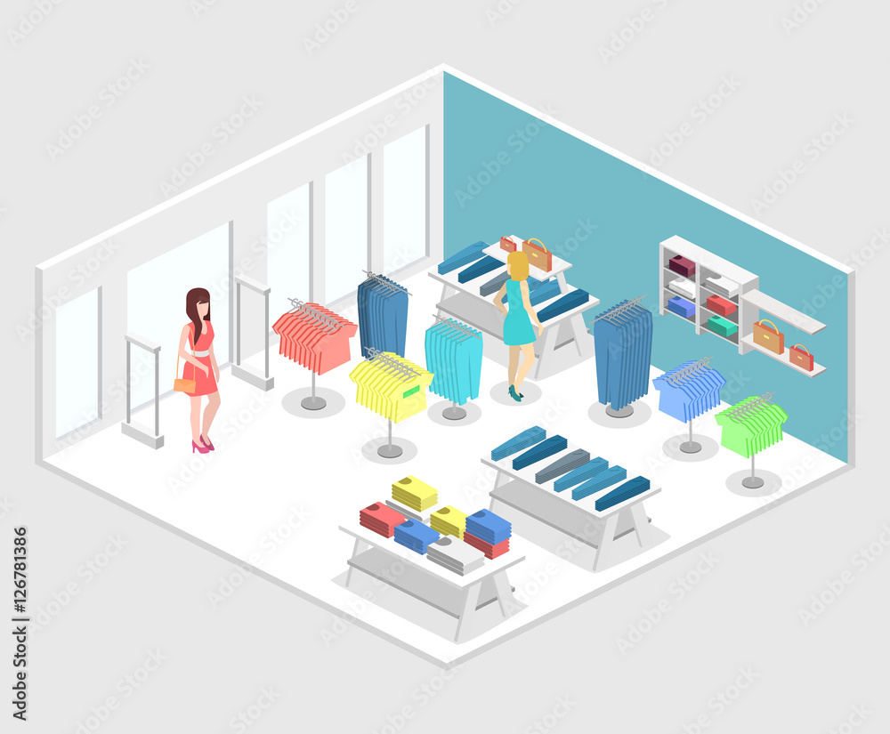 Isometric infographic flat 3D vector interior of clothing store inside ...