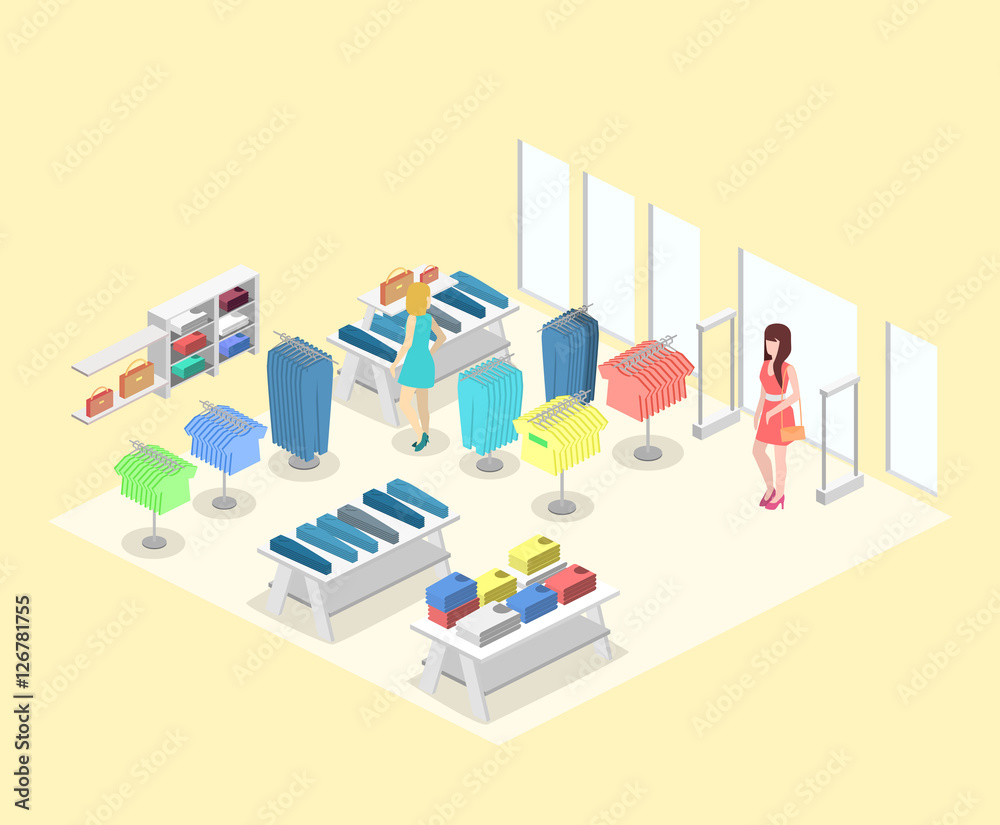 Isometric infographic flat 3D vector interior of clothing store inside ...
