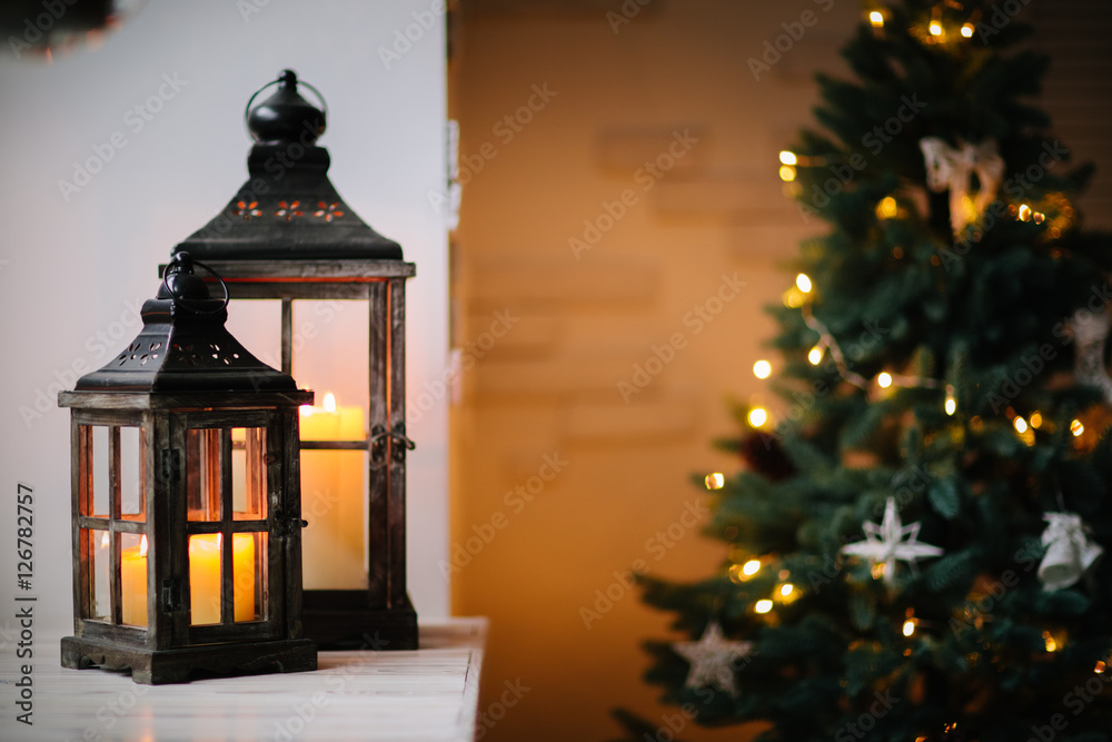 beautiful Christmas tree and new year decorations with lanterns and ...