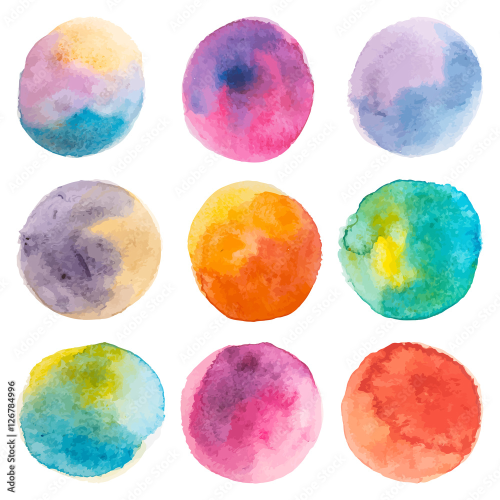 Set with vector isolated watercolor paint circles. Pink, blue, yellow ...