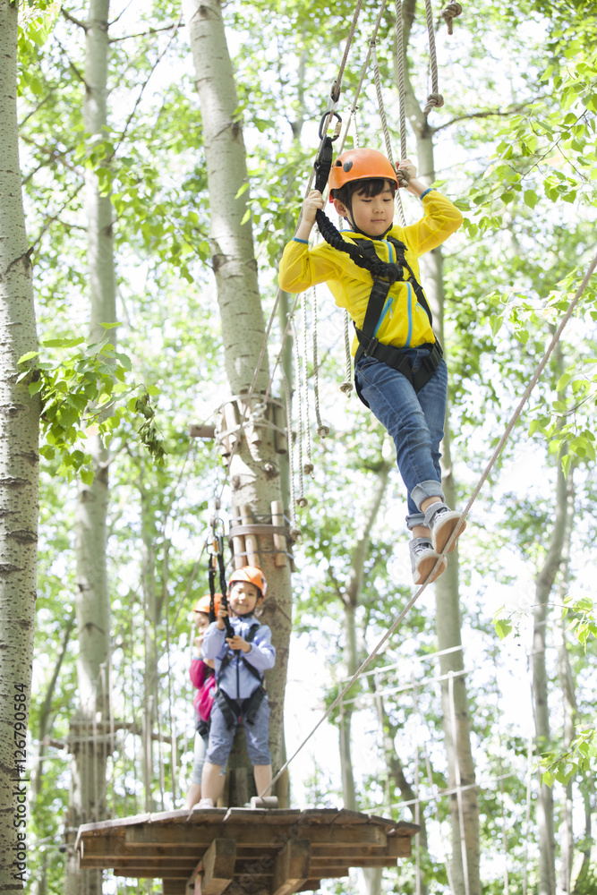 Happy children playing in tree top adventure park Stock Photo | Adobe Stock
