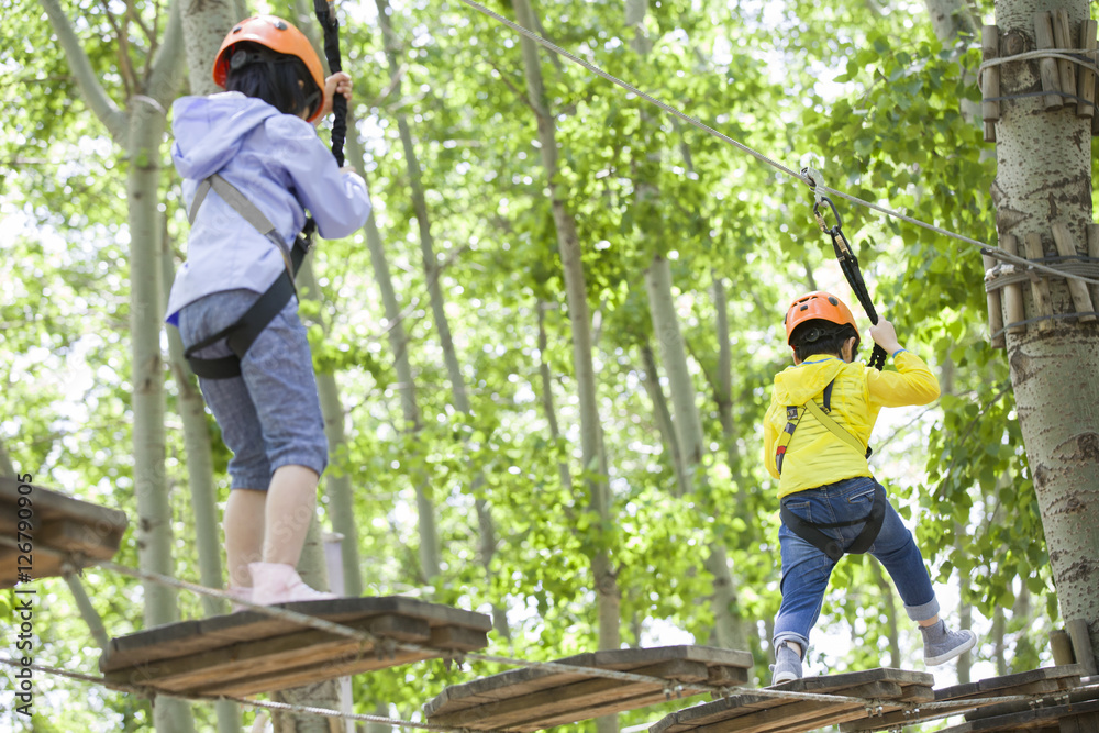 Happy children playing in tree top adventure park Stock Photo | Adobe Stock