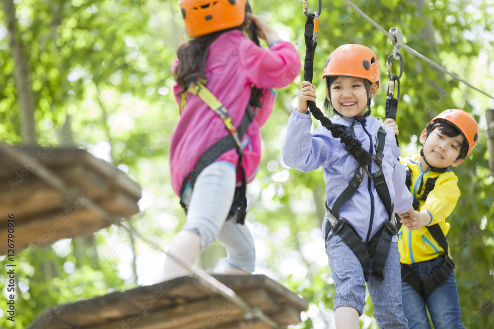 Happy children playing in tree top adventure park Stock Photo | Adobe Stock