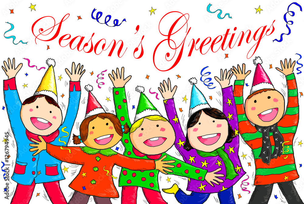 Season's Greetings Group Children Celebration Smile Happy Happiness by ...