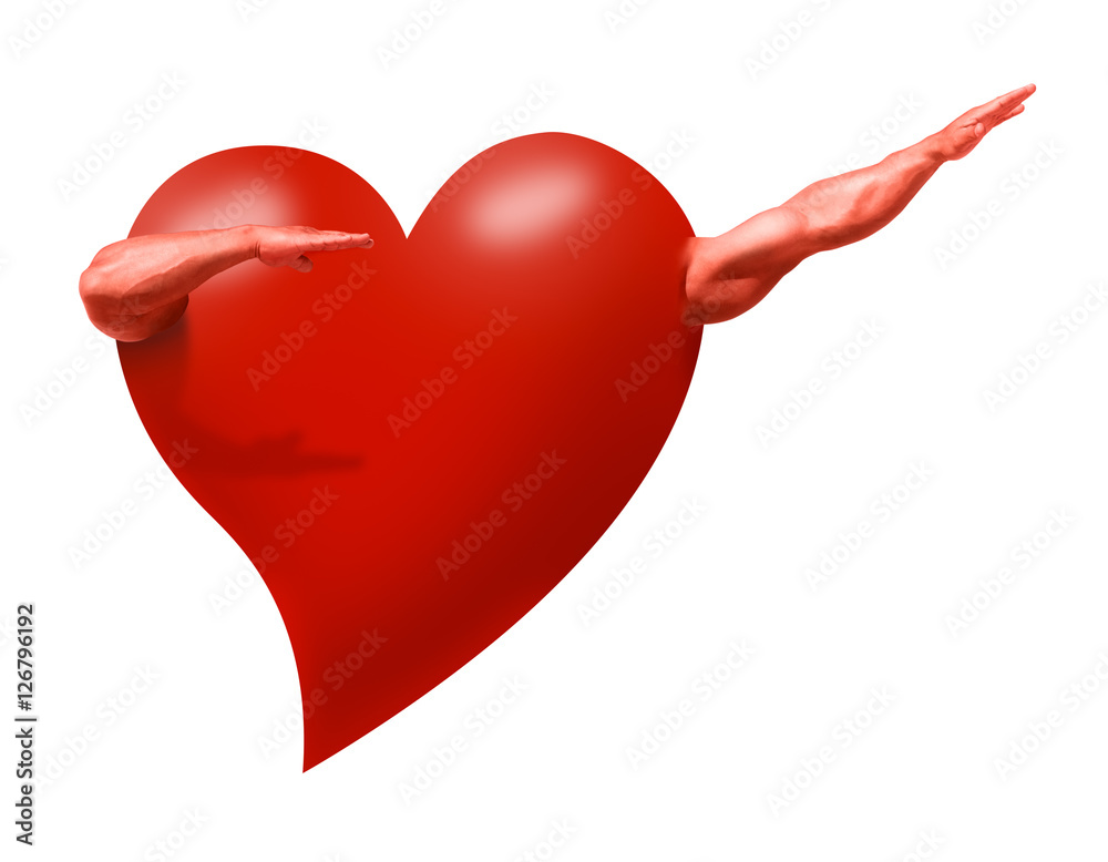 A big red heart with strong muscular arms representing healthy eating ...