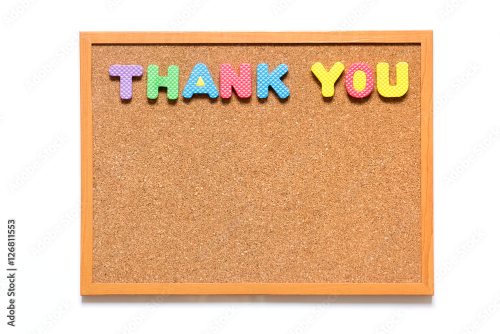 Wooden cork board with wording thank you on white background Stock ...