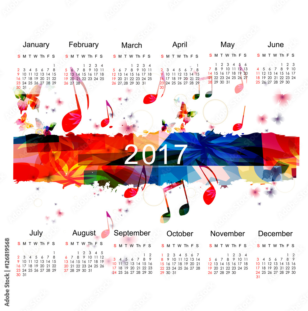 Calendar planner 2017 design template with colorful music notes ...