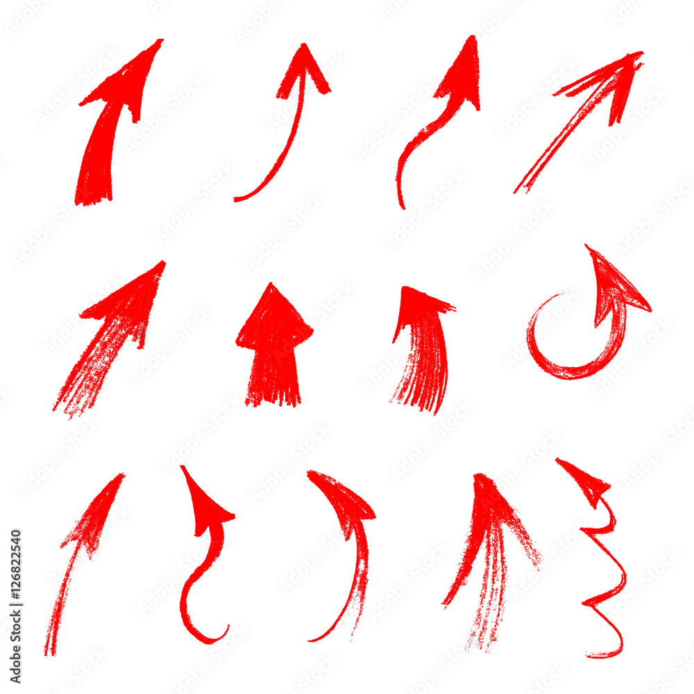Bright Red watercolor crayon hand drawn decorative arrows. Hatching ...