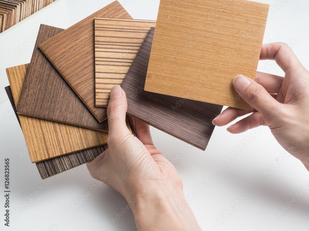 Samples of veneer wood on white background. interior design select ...