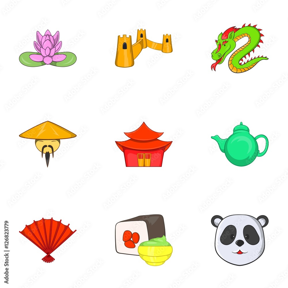 Stay in China icons set. Cartoon illustration of 9 stay in China vector ...