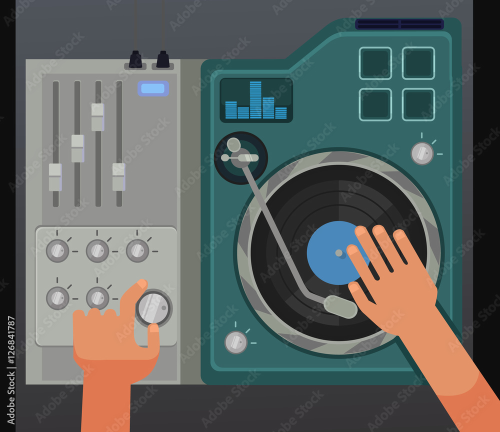Dj controller mixer with hands. View above. Vector flat cartoon ...