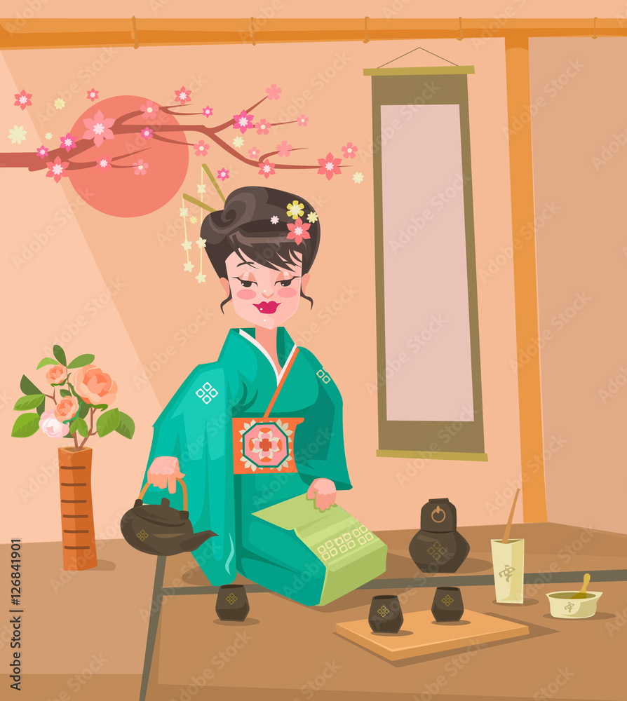 Tea ceremony. Japanese woman character preparing tea. Vector flat ...