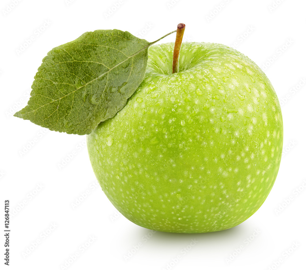 Green apple with leaf isolated on a white Stock Photo | Adobe Stock